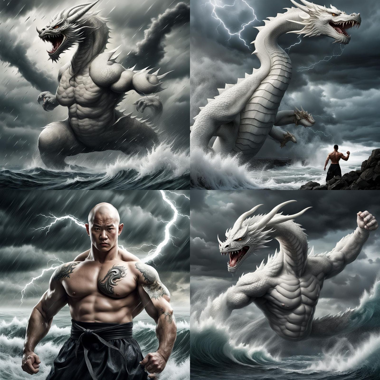 Giant white dragon ，Chinese man，Skinhead fat strong muscle Bodybuilder ...