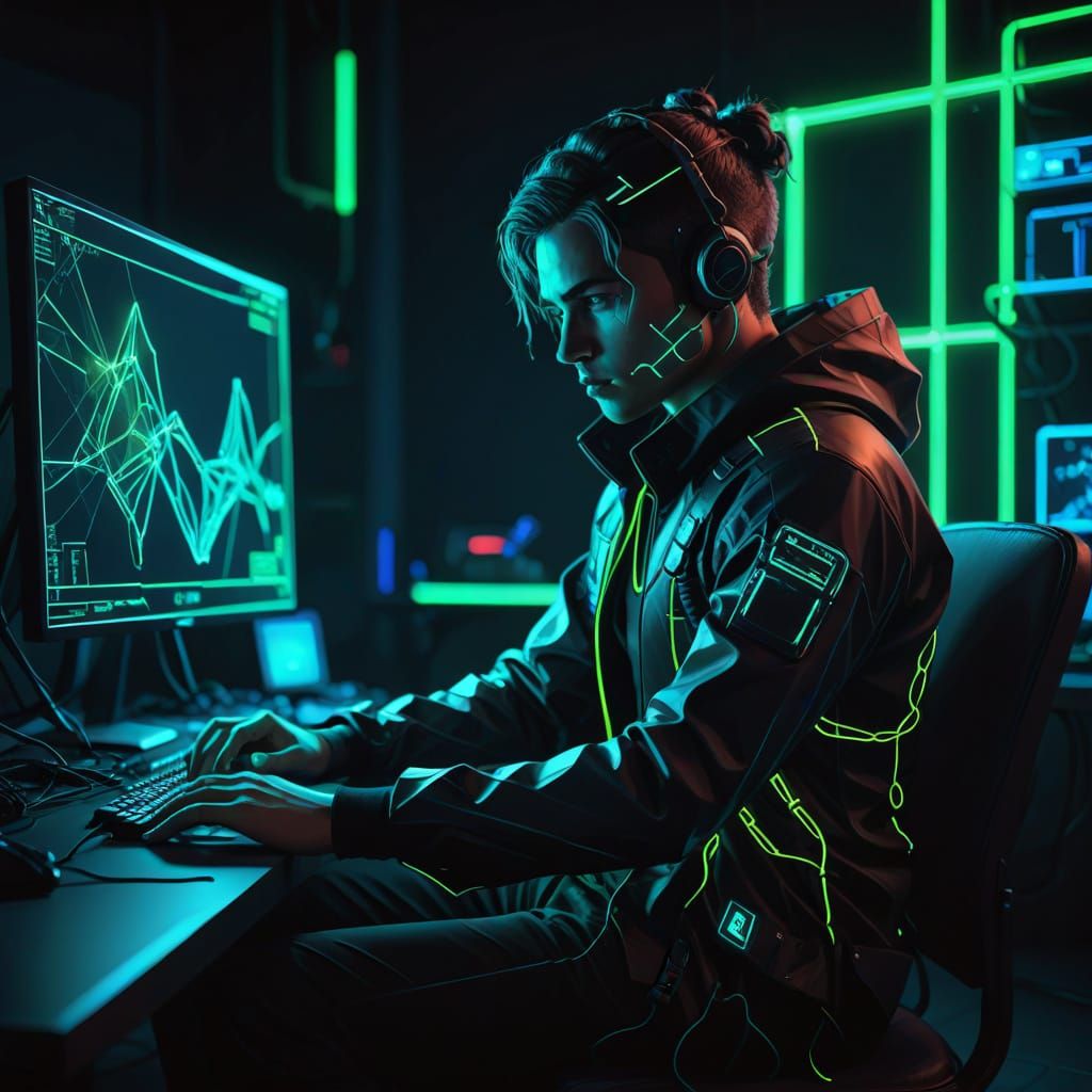 Expert Coder - Cyberpunk Coder in Neon-Lit Darkroom