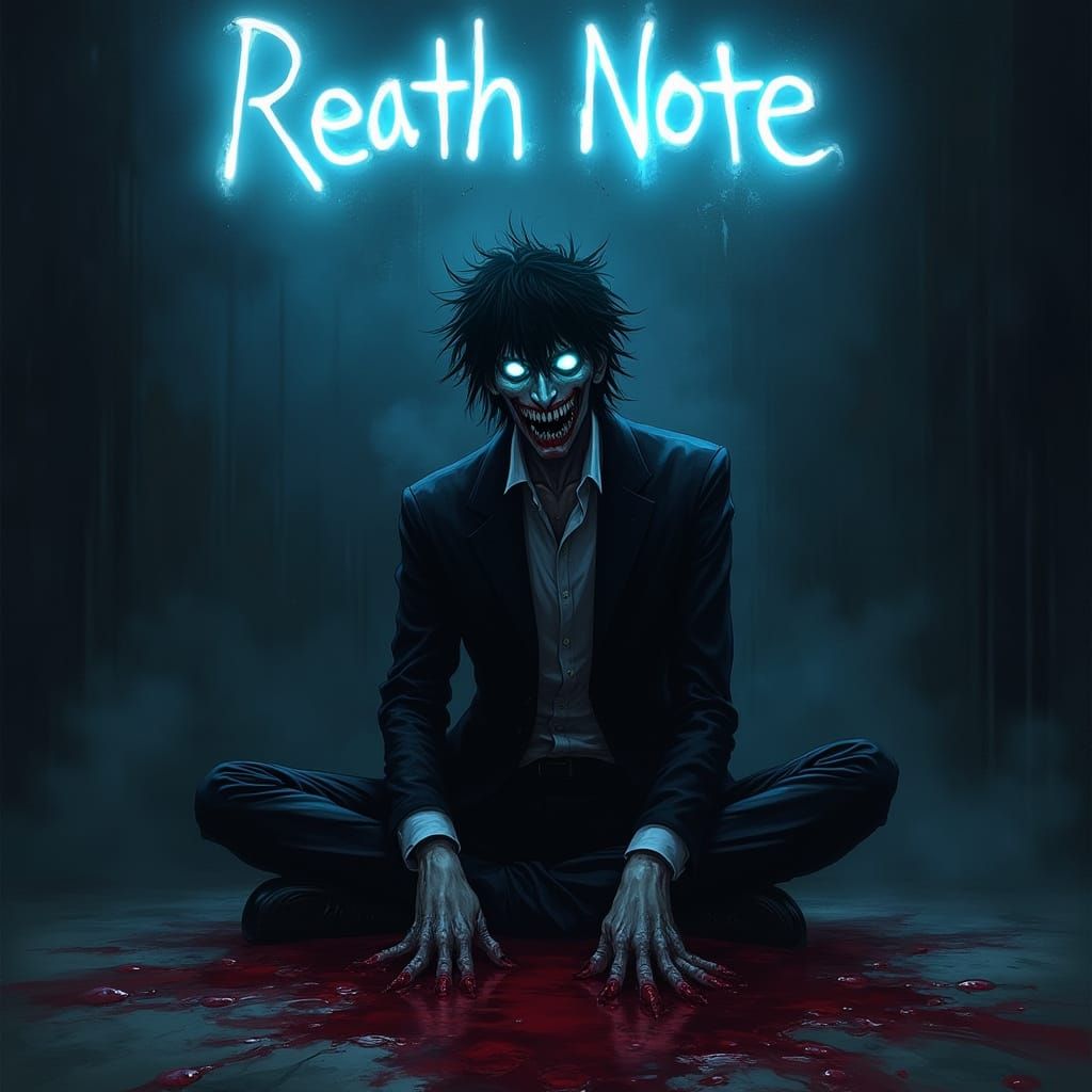 Ryuk in Dark, Ominous Scene with Blood and Neon Gl... - AI Art