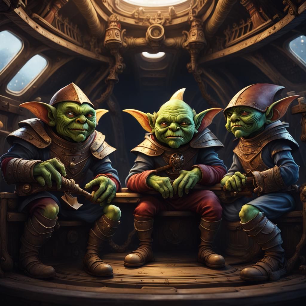 three different medieval goblins in a space ship, king goblin, wizard ...
