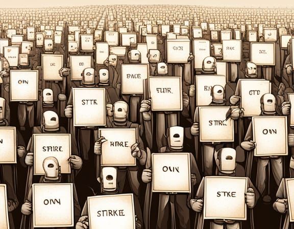 A crowd of robots holding signs that says "On Strike" - AI Generated ...