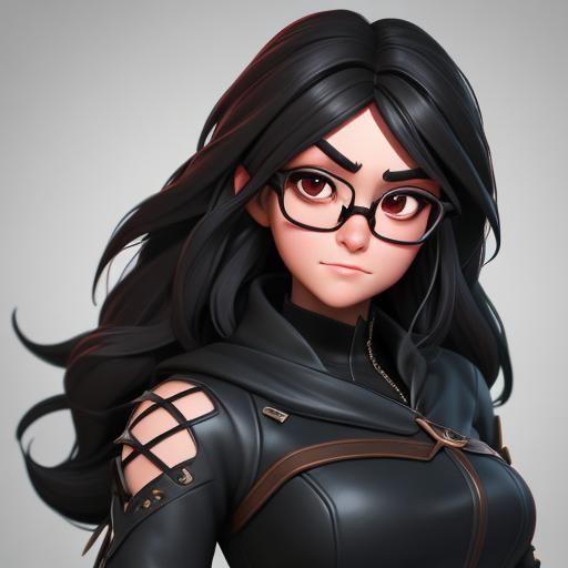 A thicker larger female with glasses, warm black hair down, dark brown eyes, goth nerd, pretty ...