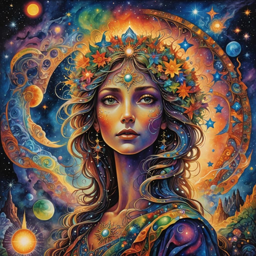 Psychedelic Colorful Silhouette, Cosmic portal, Stars, Woman; surreal ...