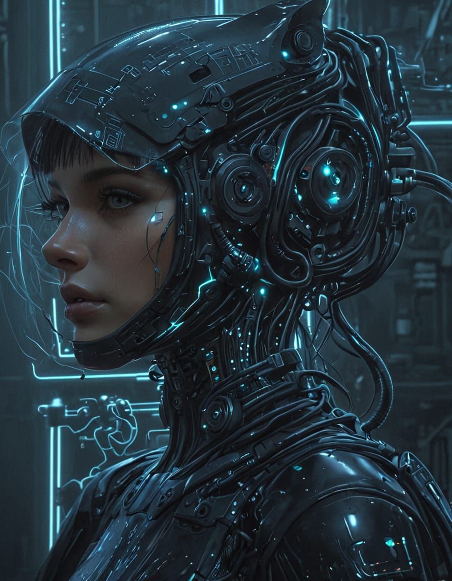 Neuralware (concept) - Cyberpunk Woman in High-Tech Latex Su...
