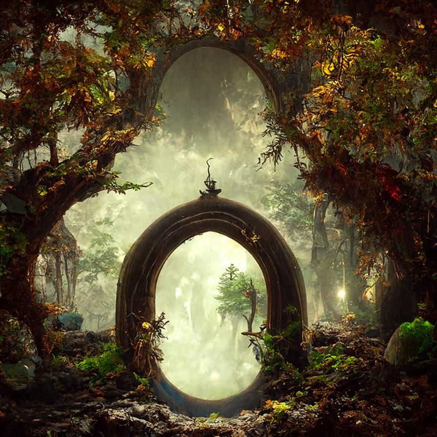 high quality photography, Film still, Magic portal to enchanted forest, smallworld, magical ...