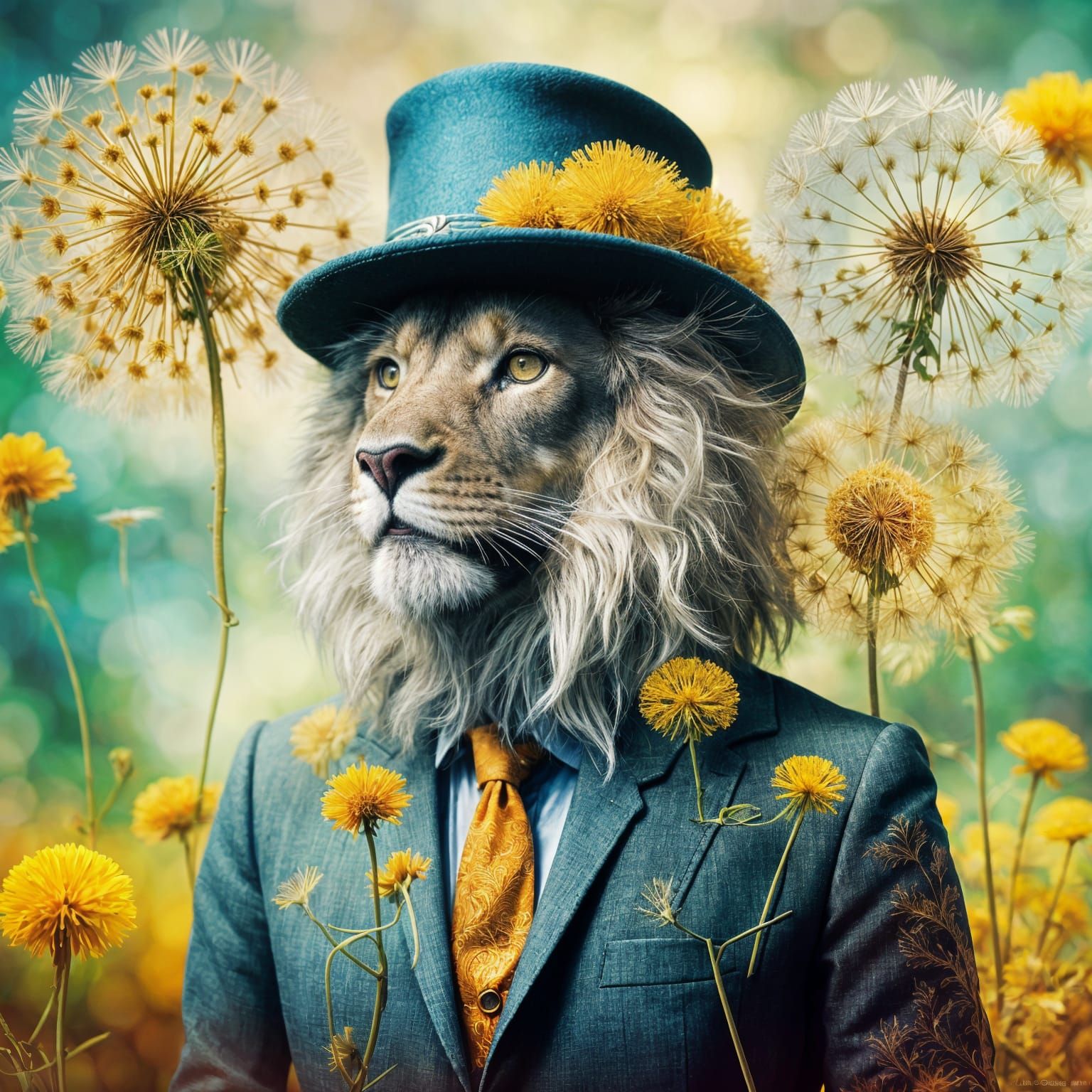 A dapper dandy lion, with dandelions, surreal