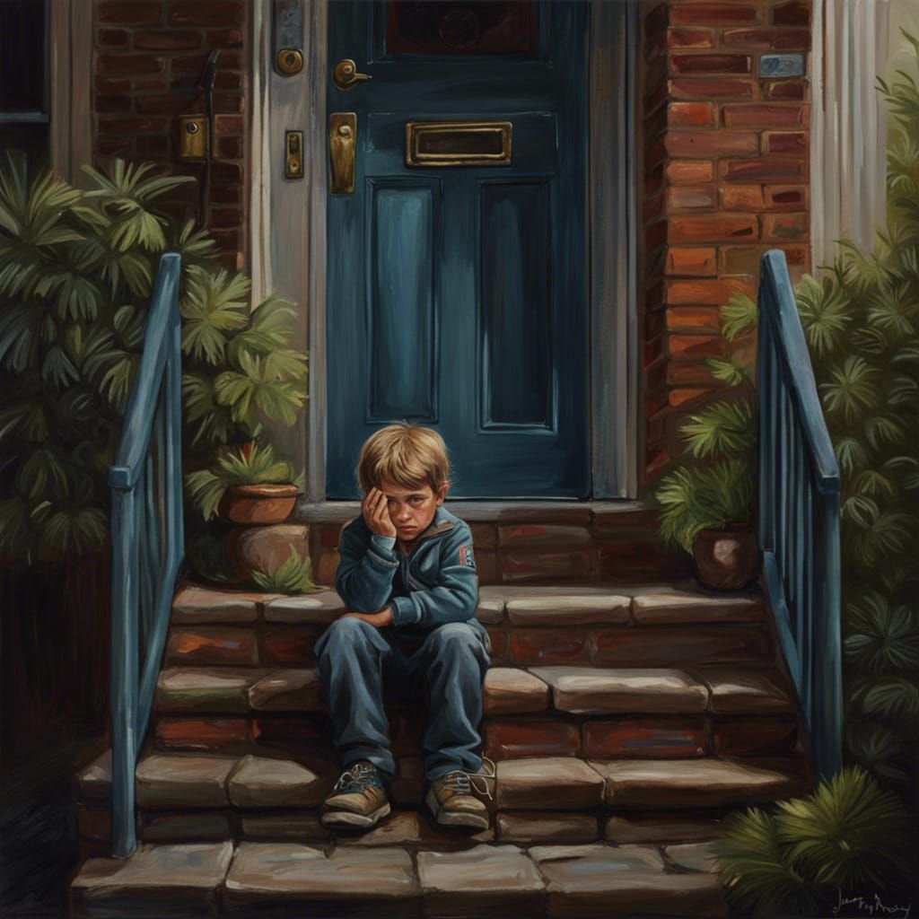 small six year old waiting on stoop, crying into his hands oil painting ...