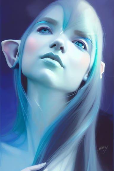 Beautiful elven white-haired beautiful goddess elf with teal skin ...
