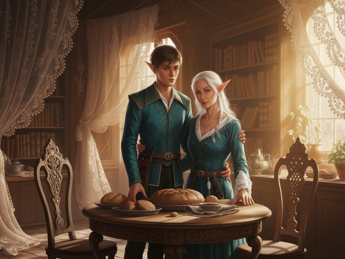 A young handsome male elf with his older elven mother standing around a ...