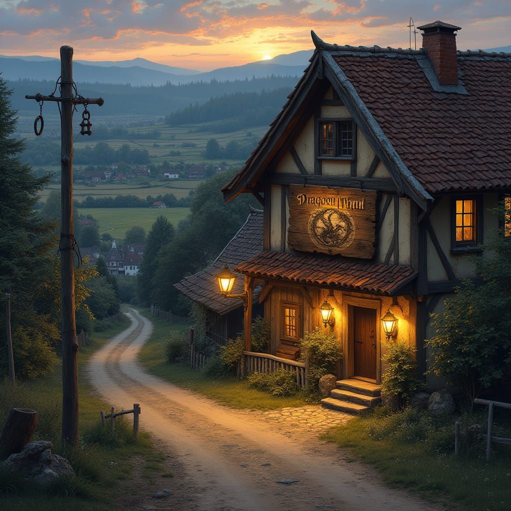 Rustic Inn Amidst Rolling Hills, Majestic Dragon S... - AI Art