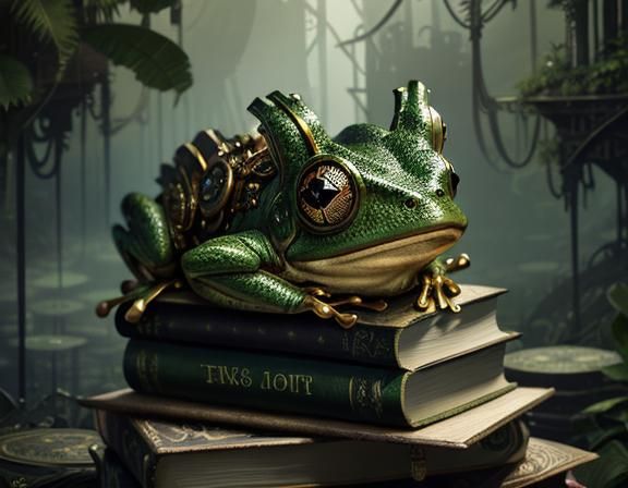 Steampunk Green Frog on pile of books in post apocalyptic jungle - AI ...