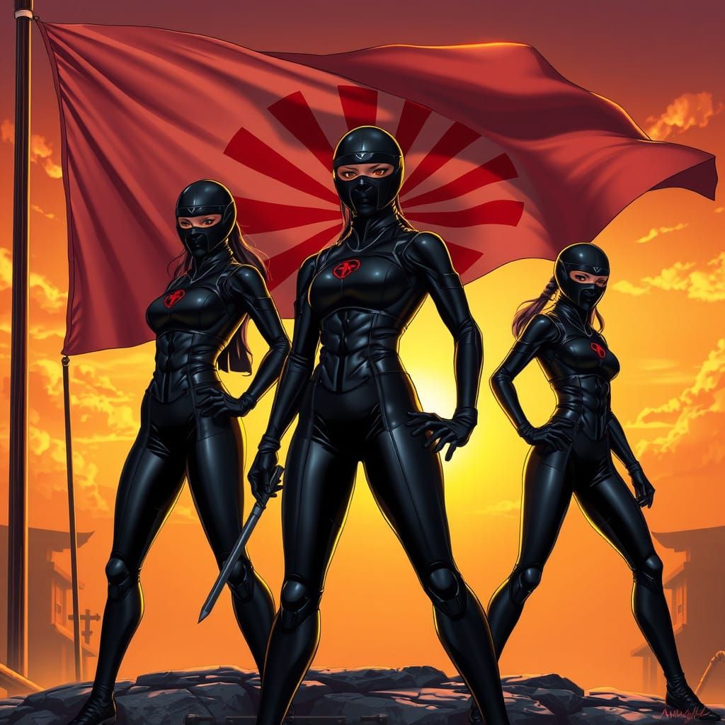 Ninja 1 - Female Ninjas Stand Watch Under Rising Japanese Fl...