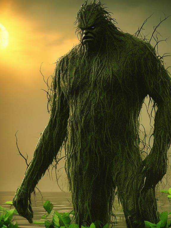 Swamp thing rises out of the swamp Covered in Vines, glowing red eyes ...