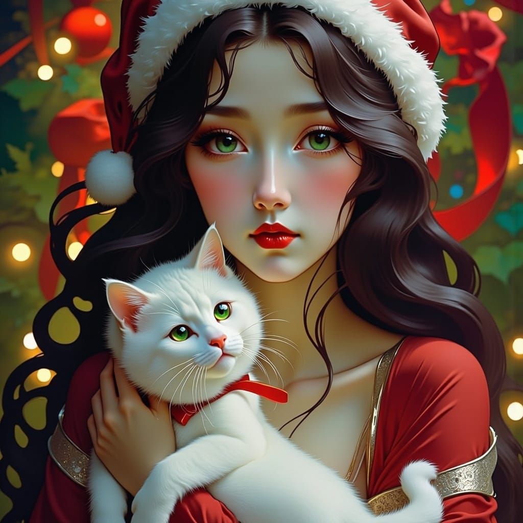 Art Nouveau Pin-up with cat - Art Nouveau Pin-up with cat