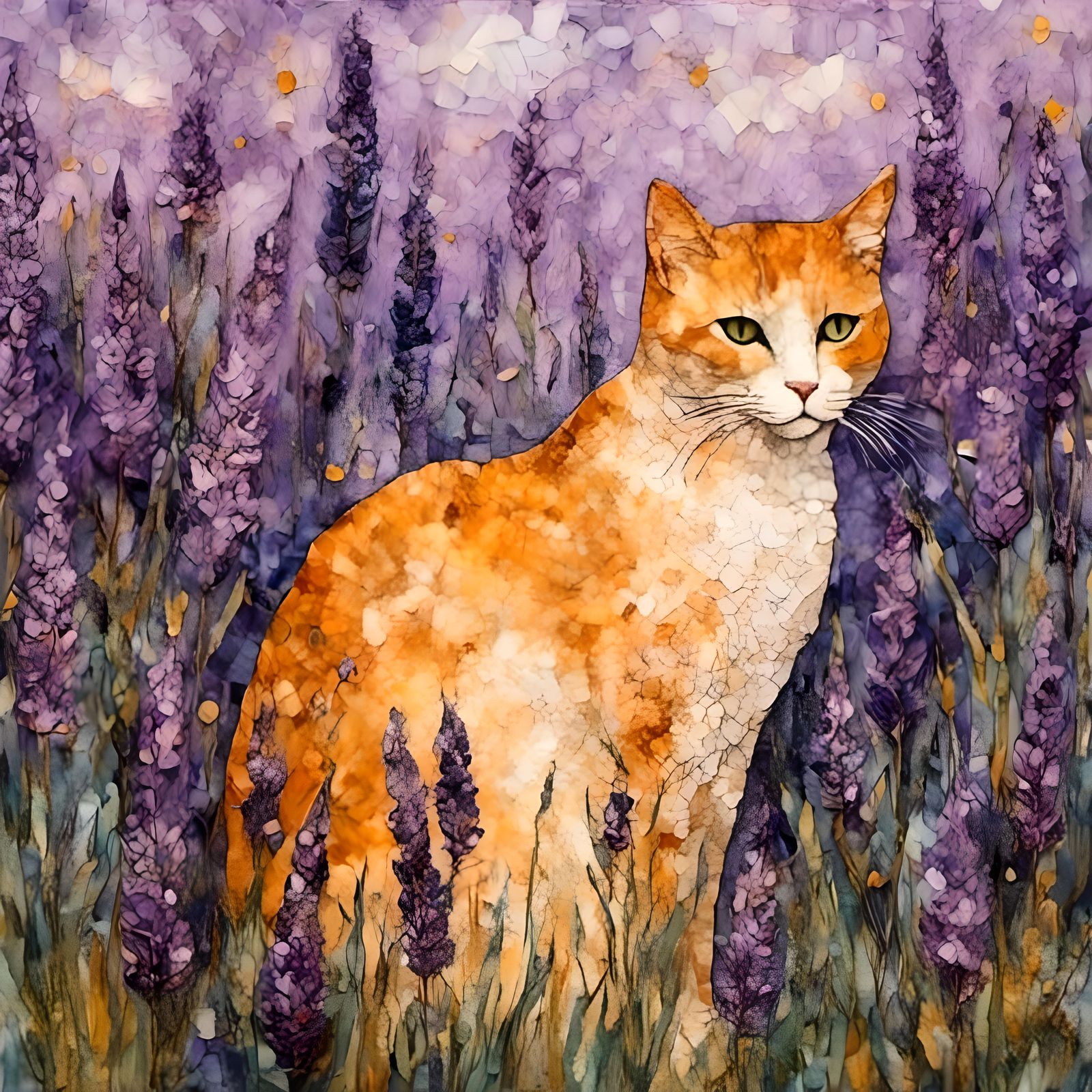encaustic art by Van Gogh ginger cat in a lavendar garden - AI ...