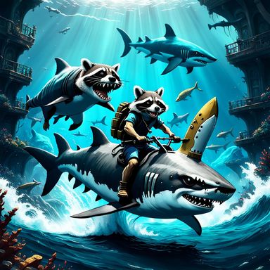 A raccoon riding a shark into battle - AI Generated Artwork - NightCafe ...