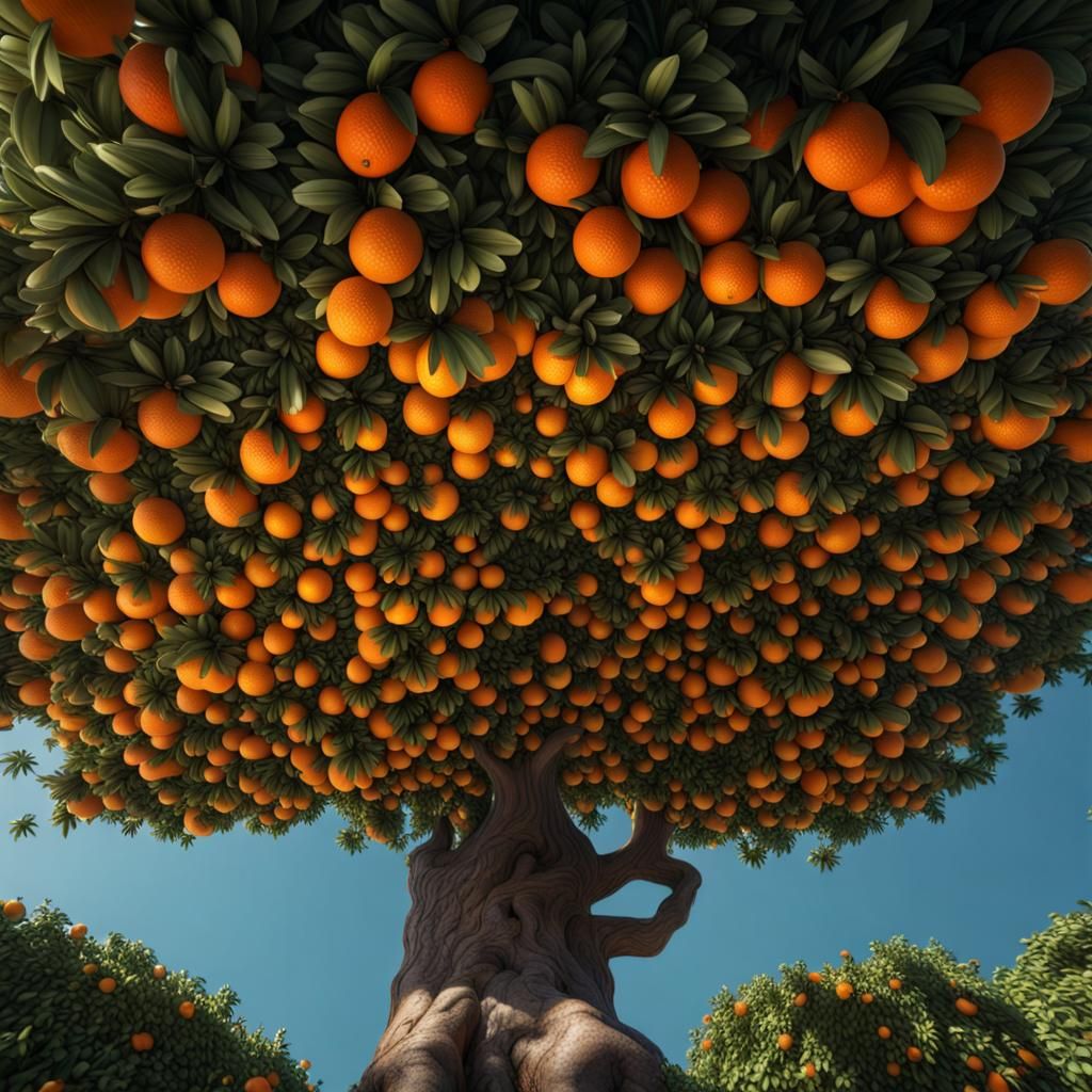 An orange tree laden with oranges as seen from below including the ...