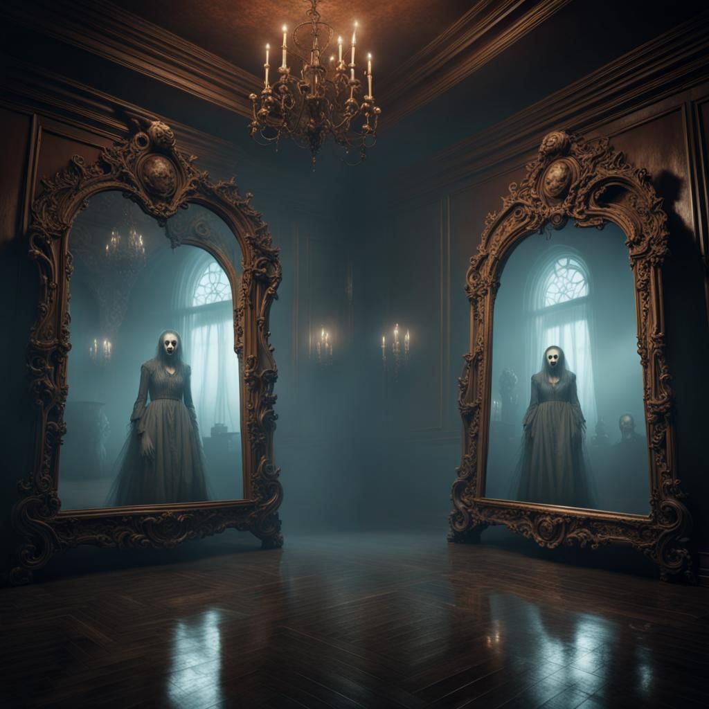 Horror faces in mirrors in haunted room with fog in air - AI Generated ...