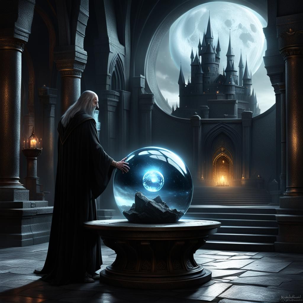 Dark wizard staring into a magical seeing stone - AI Generated Artwork ...