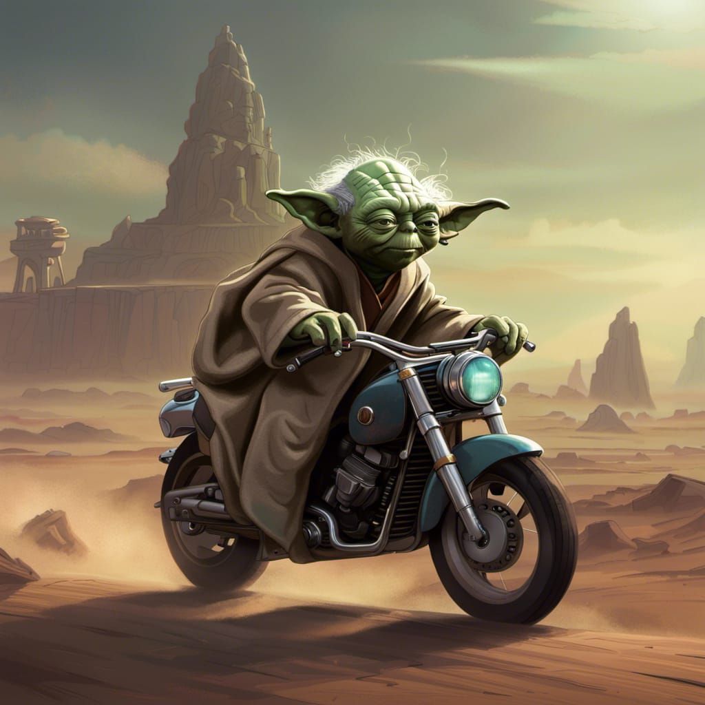 Jedi Master Yoda Riding A Motor Bike wearing leather Epic cinematic brilliant stunning intricate ...