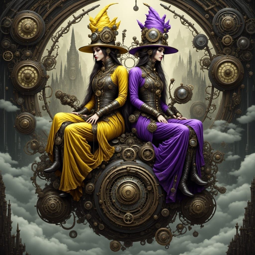 Two Steampunk Wizards in Yellow and Purple