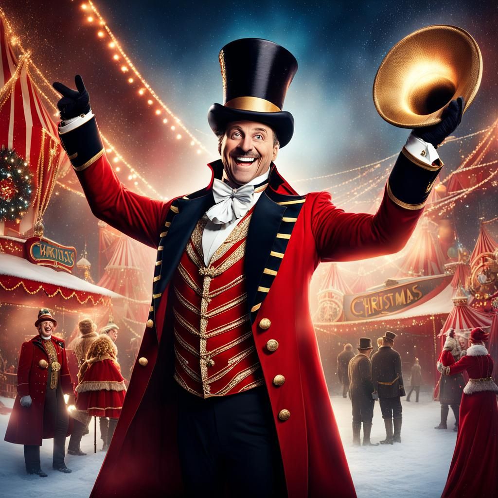 The happy smiling ringmaster of the great circus stands at the entrance ...