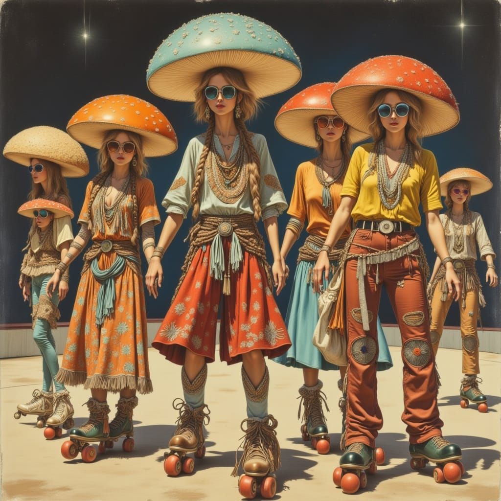 Retro Fungi Hippies Roller Skate in Bell Bottoms - AI Art