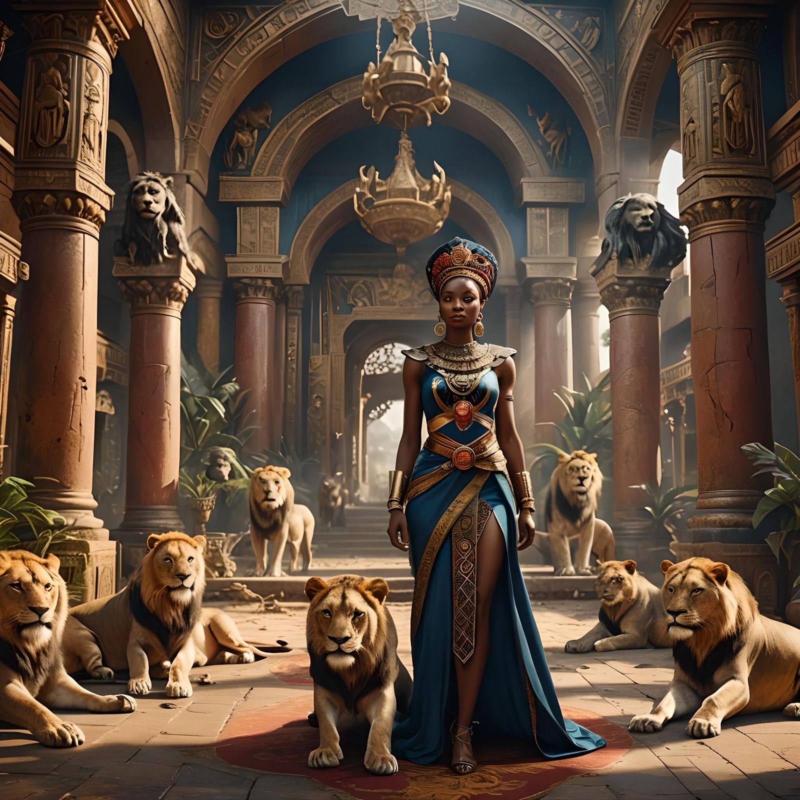 A beautiful african queen in a palace with lions - AI Generated Artwork ...