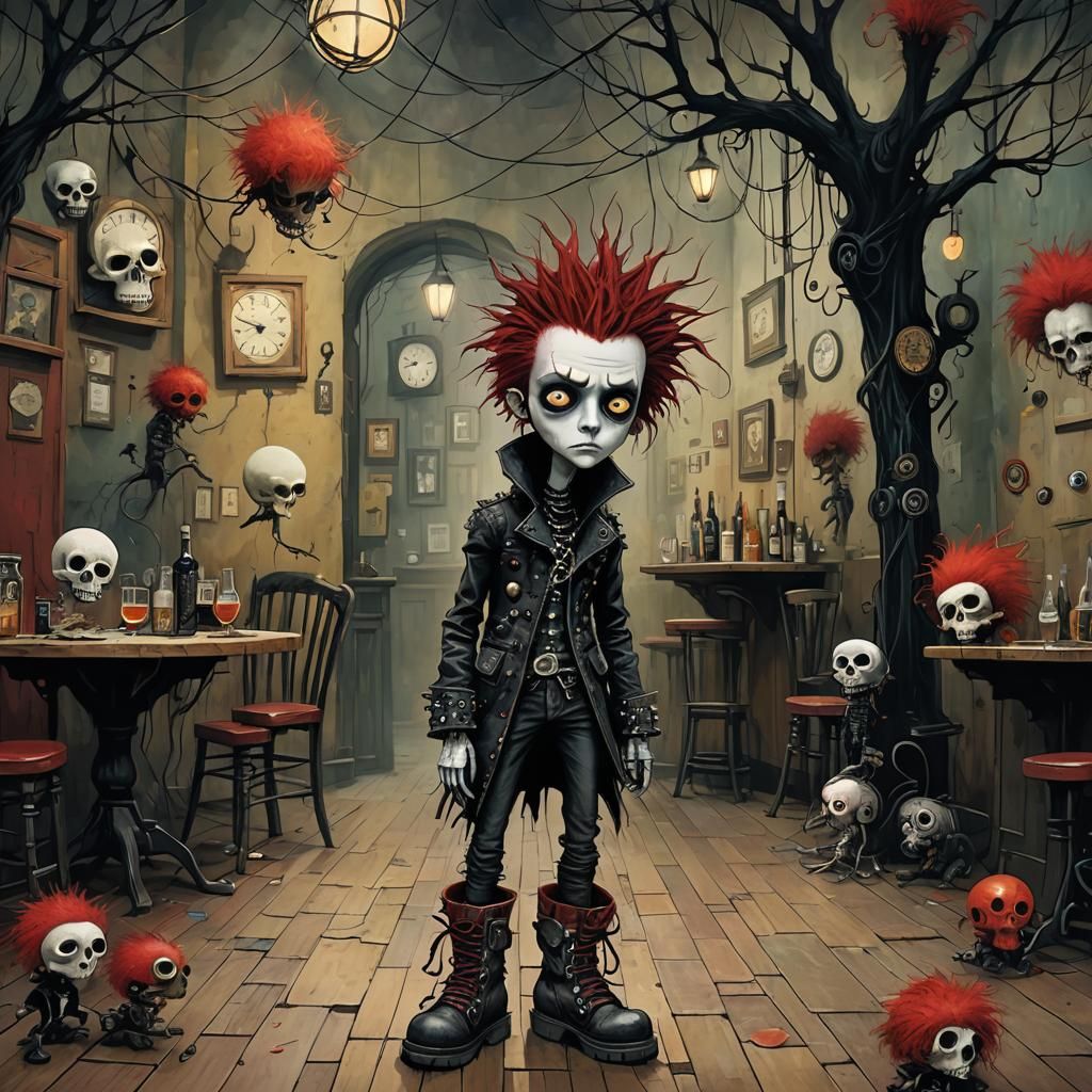 Gothic Punk Rocker in a British Pub Scene - AI Art
