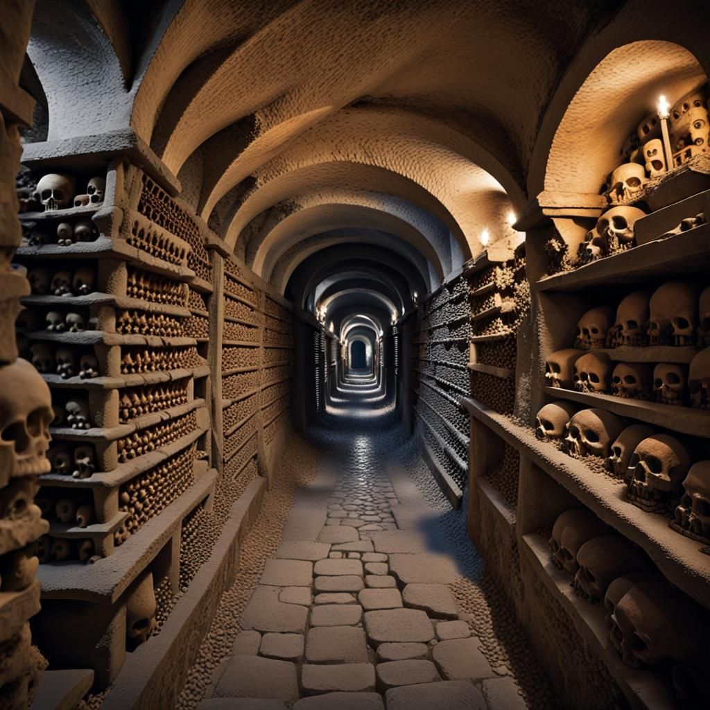 The haunting beauty of the Catacombs of Paris in France. - AI Generated ...