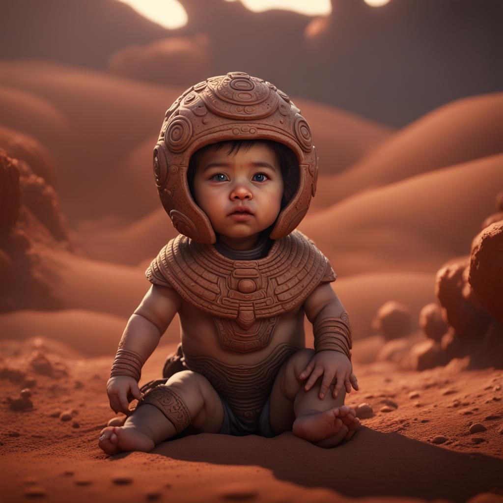 Ultra realistic cute Mayan baby boy in a field of cempasuchil in mars ...