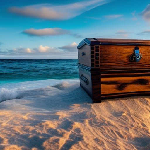 A treasure chest on a sandy beach with a blue sea - AI Generated ...