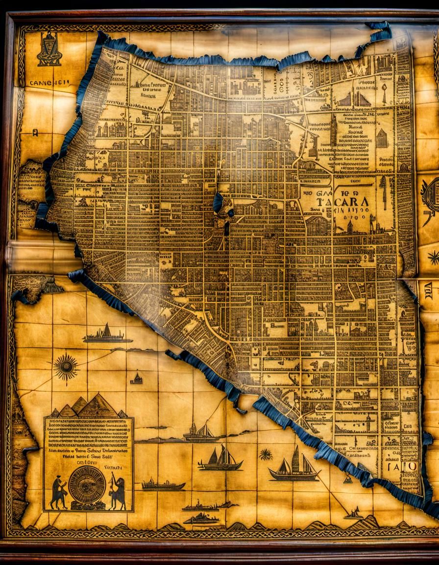 an old tattered papyrus map in a glass museum display case; map ...
