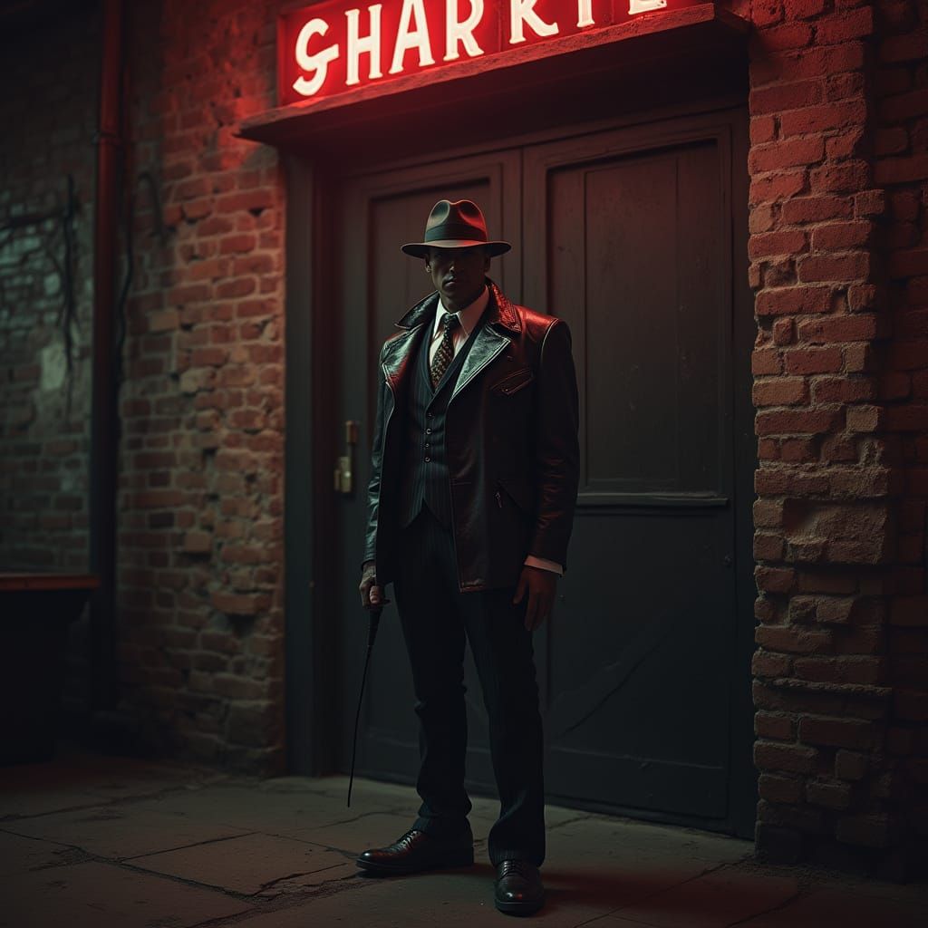 A mysterious back-alley entrance guarded by a bouncer and a secret password