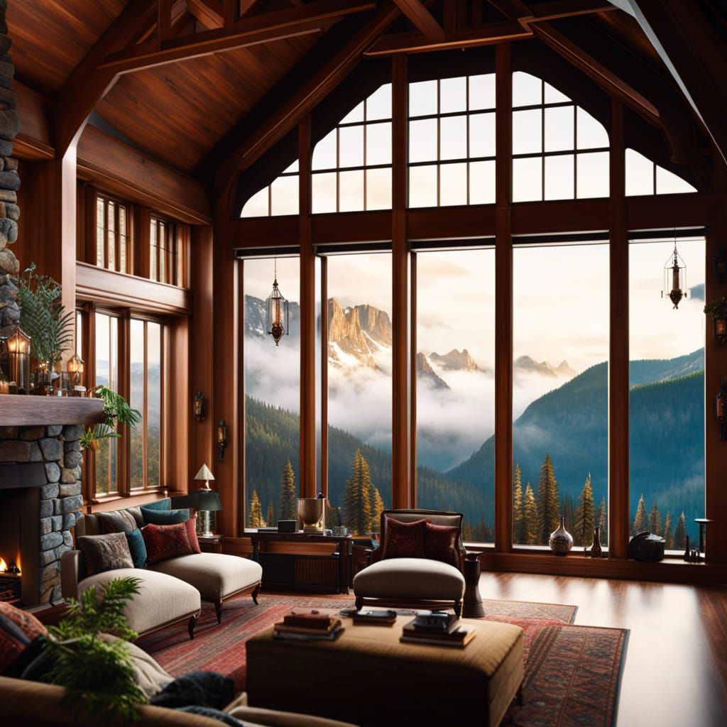 big windows, mountain forest lodge interior, Epic cinematic brilliant ...
