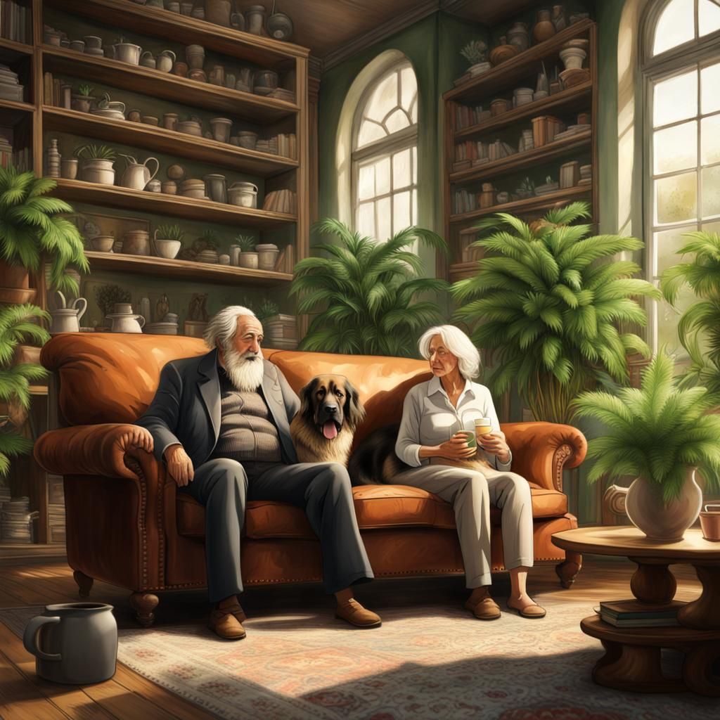a old man and his wife sitting in a sofa drinking coffee, a leonberger ...