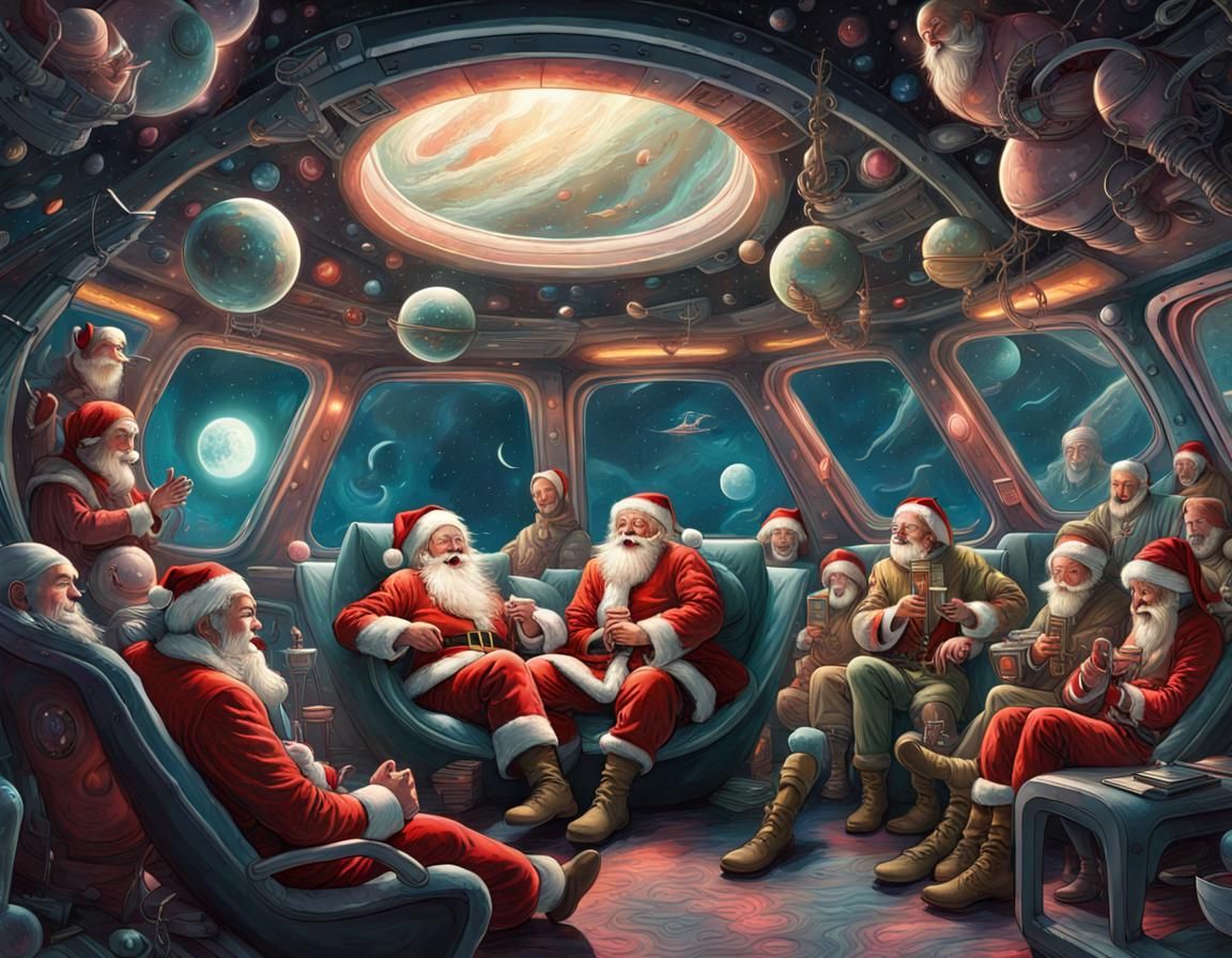 Many Santa Claus laughing inside a spaceship lounge, moody dark ...