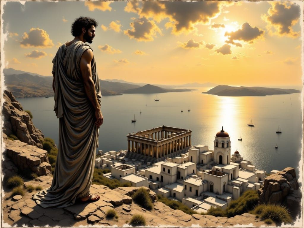 A majestic ancient Greek philosopher stands contemplative, clad in ...