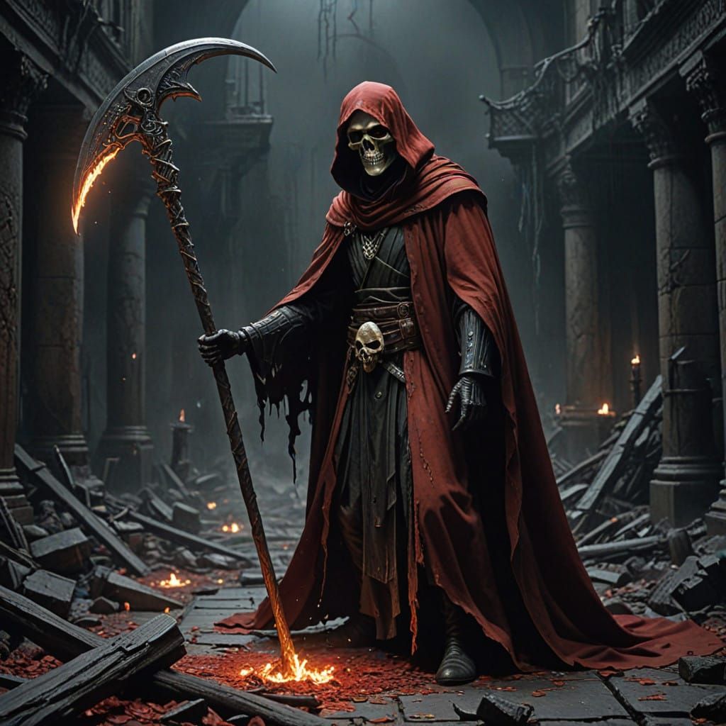 Crimson-hued Grim Reaper, enveloped in ominous deep red robes with ...