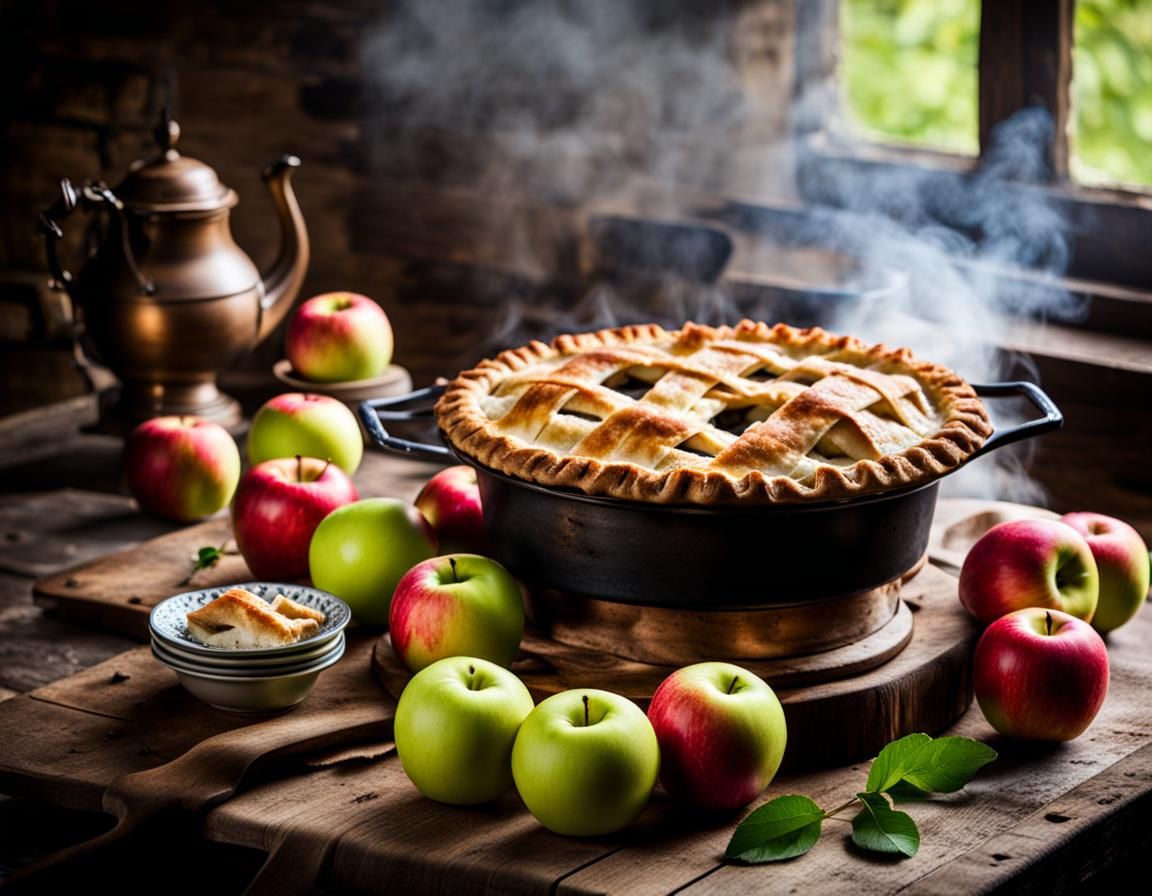 appetizing hot steaming freshly cooked apple-pie, old kitchen setting ...