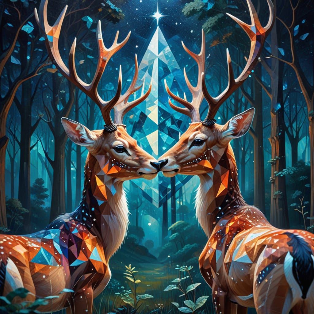 Magic Deer Guardians: Cubist Stardust Earth - AI Art