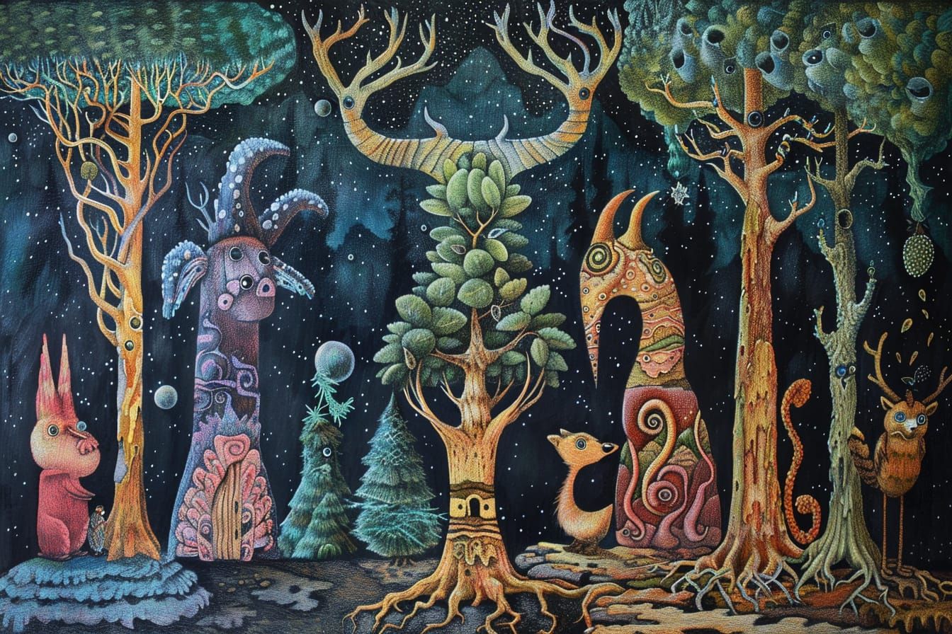 forest creatures starting a cult, color pencil medium, folk art - AI ...