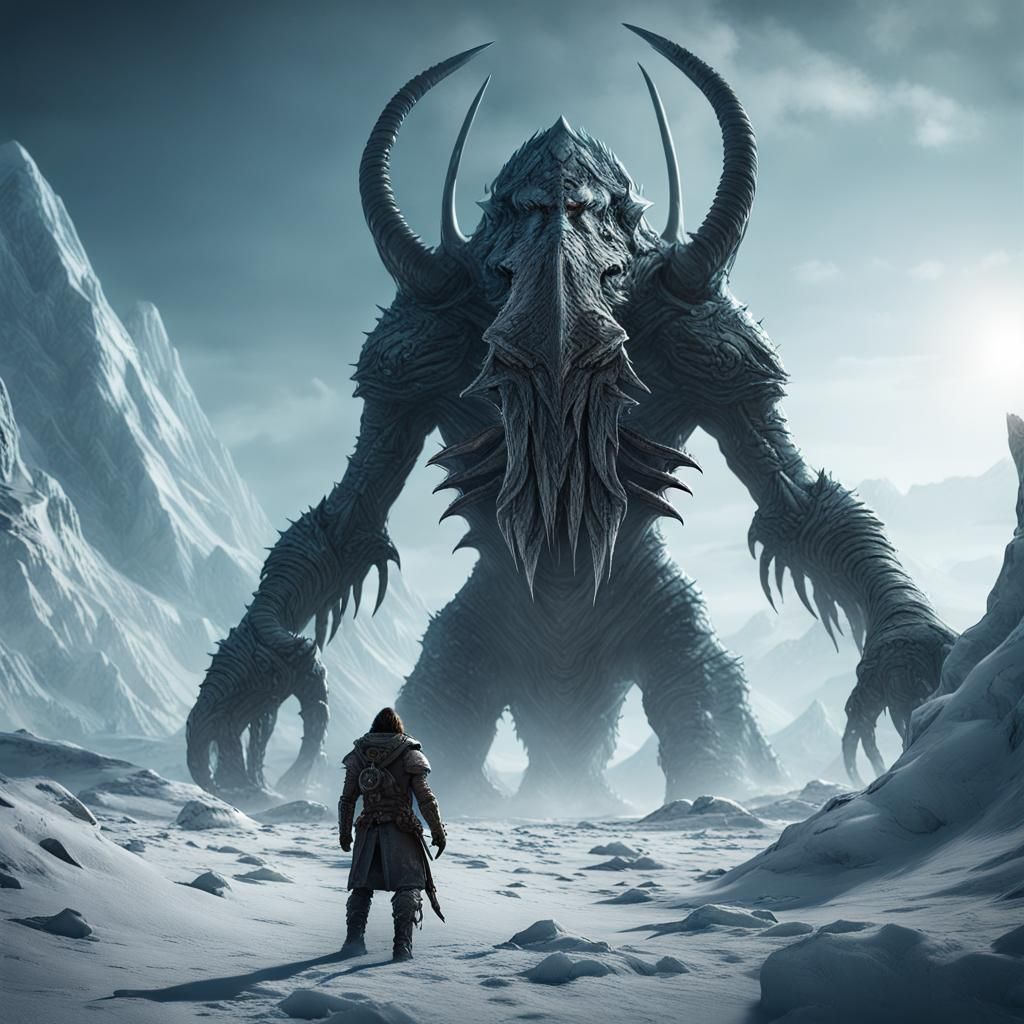 warrior facing an ancient alien monster creature. massive frigid icy ...