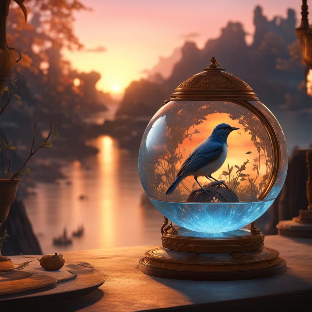 Bird in a globe light at dawn watercolors 8k resolution concept art by ...
