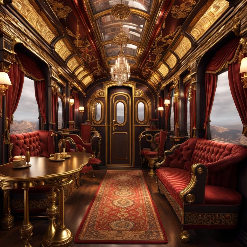 First-class interior of a steampunk train car - AI Generated Artwork ...