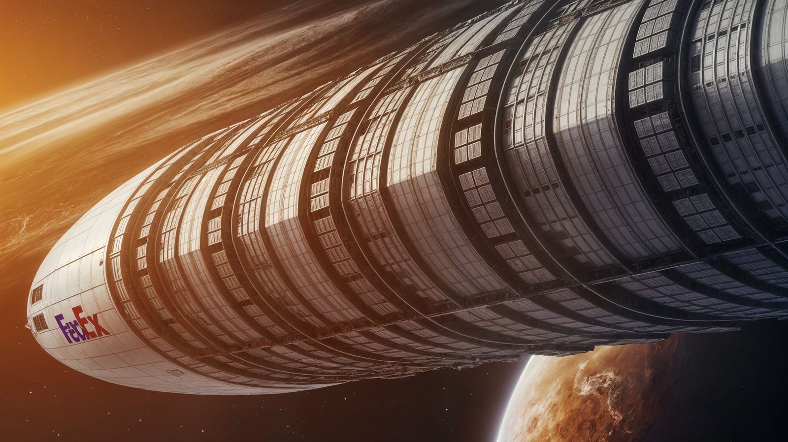 enormous cargo spacecraft, rows and columns of cargo containers line ...