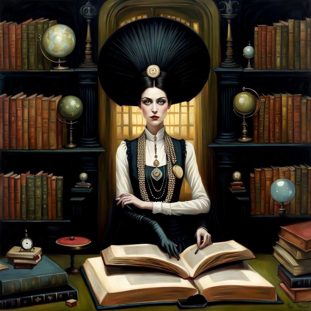 Eccentric female librarian in art brut style by Tom Bagshaw, Tim Burton ...