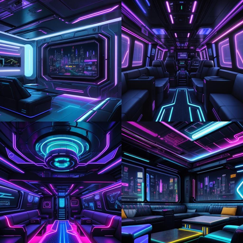 Gigantic Cyberpunk RV with LED Light Couches and F... - AI Art