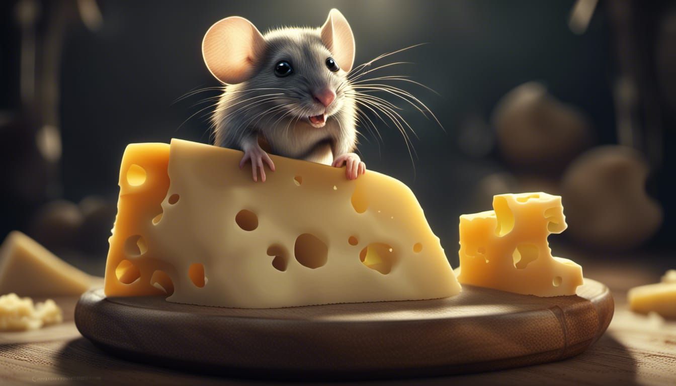 a beautiful cute mouse gnaws a small piece of cheese holding it in its ...