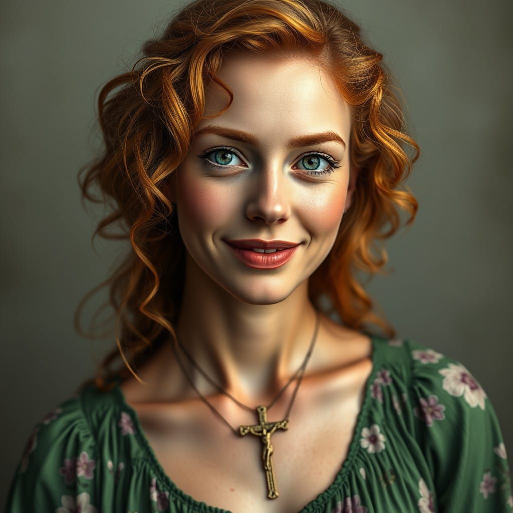 Ginger Beauty with a Modest Smile in Spring Floral... - AI Art